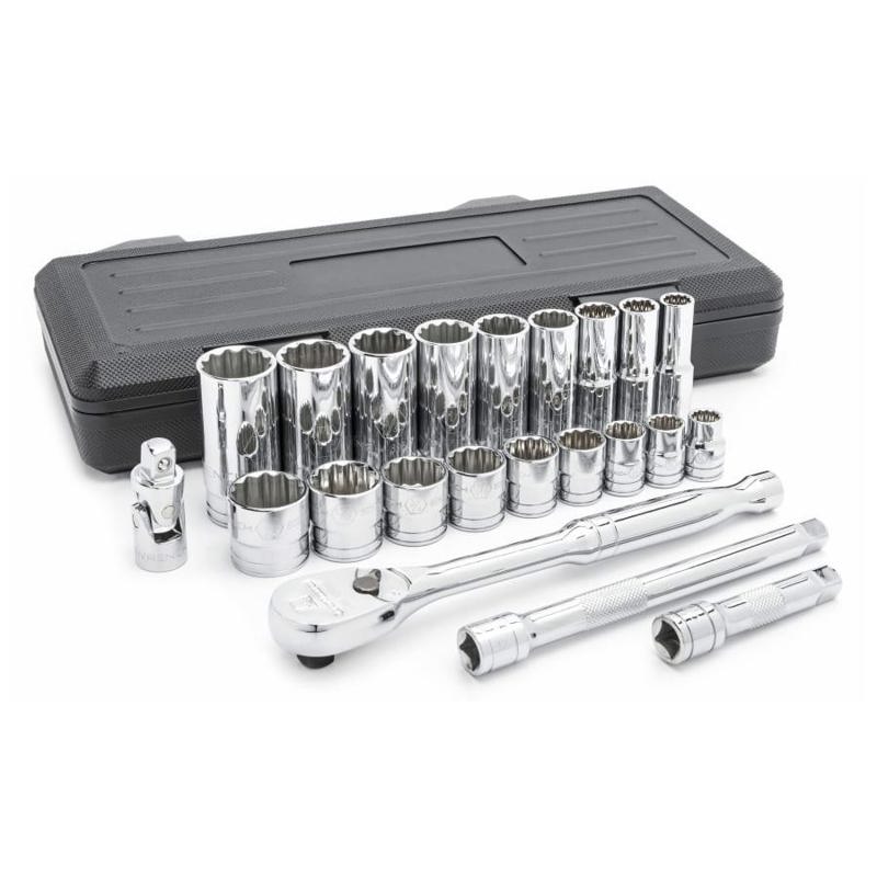 22 Pc. 12 Point Standard and Deep SAE Mechanics Tool Sets 3/8 in Dr ...